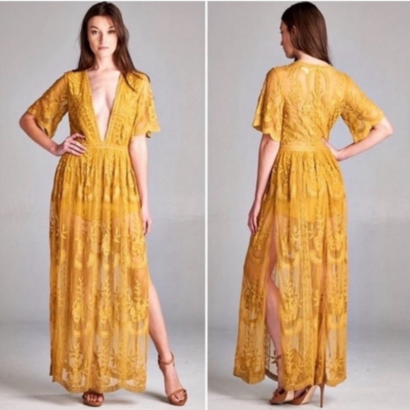 Honey Punch | Dresses | Honey Punch Mustard Lace Maxi Dress | Poshmark
